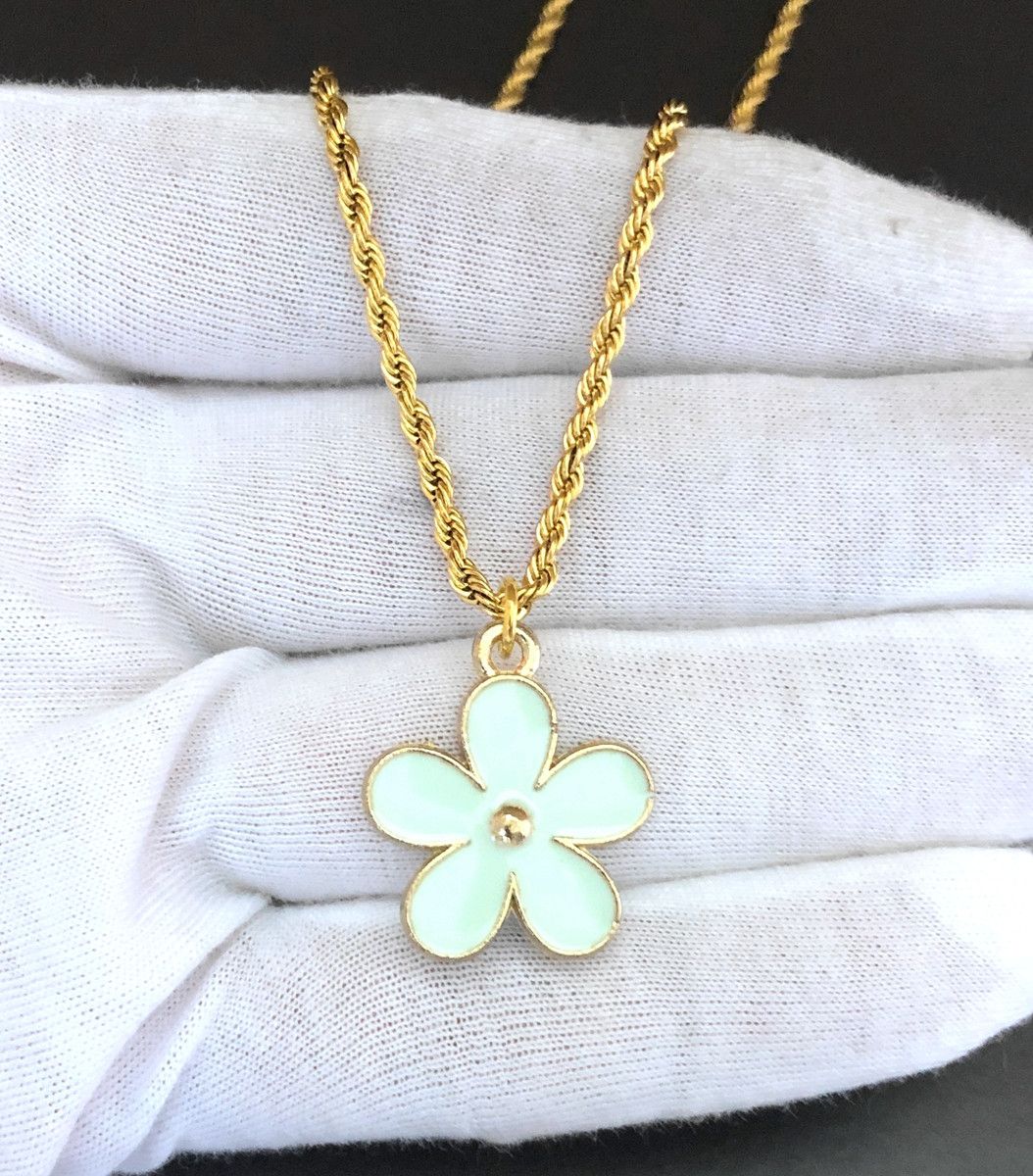 Vintage Gold Blue Flower Necklace rope chain 20" | Grailed