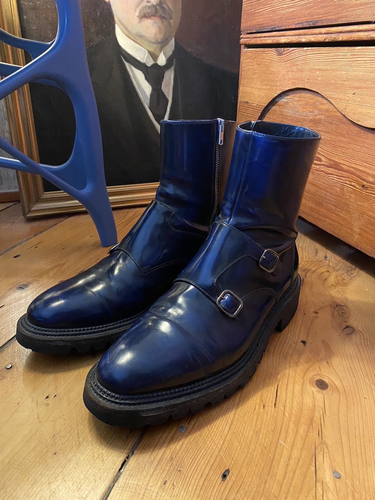 Yang Li Double Monk Strap Combat Boots in Black/Blue Patent Leather ...