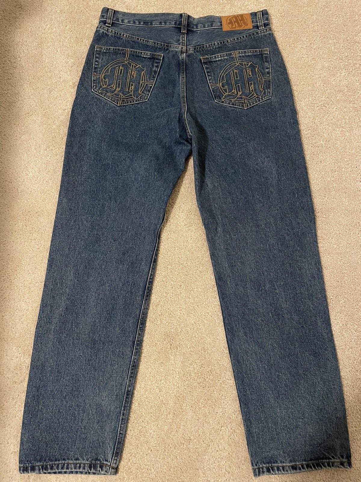 Menace MENACE LOS ANGELES EMBOSSED TARGET LOGO DENIM PANTS | Grailed