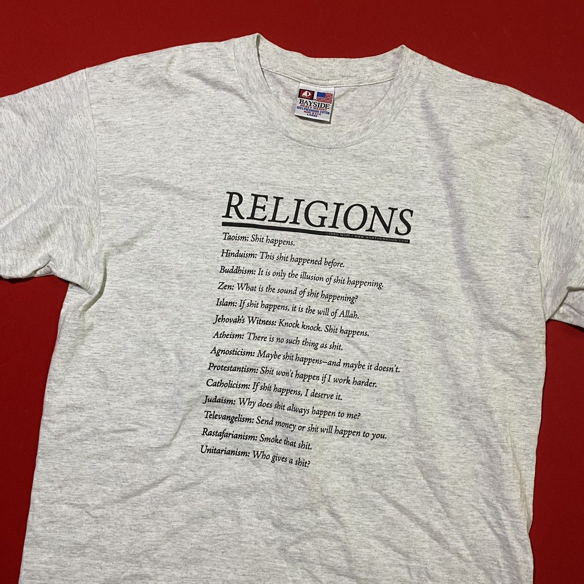 Made In Usa × Vintage Vintage 1990 NSM RELIGIONS Shit Happens Tee | Grailed