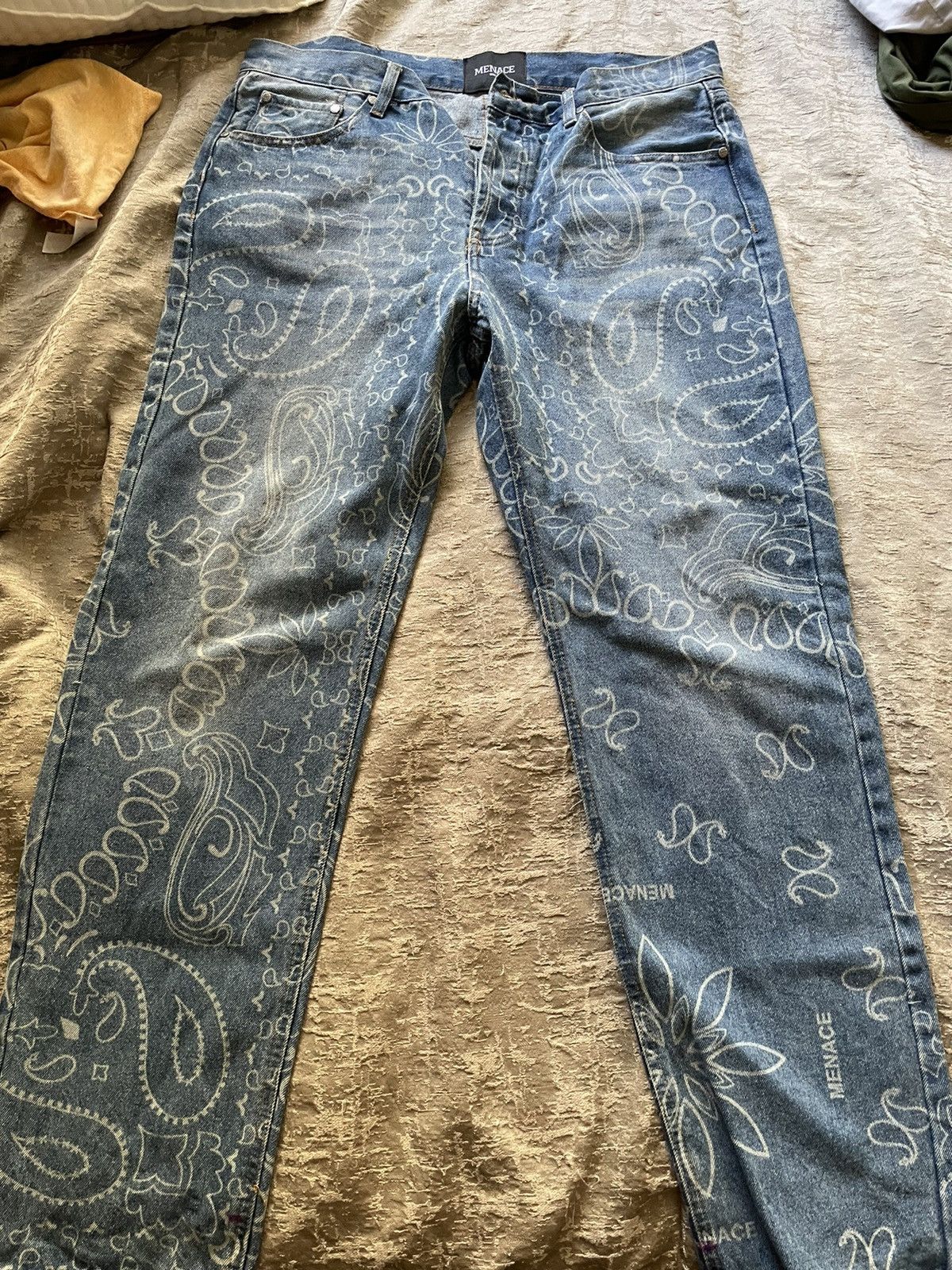 Menace Menace Laser Engraved Paisley Denim Pants Blue | Grailed