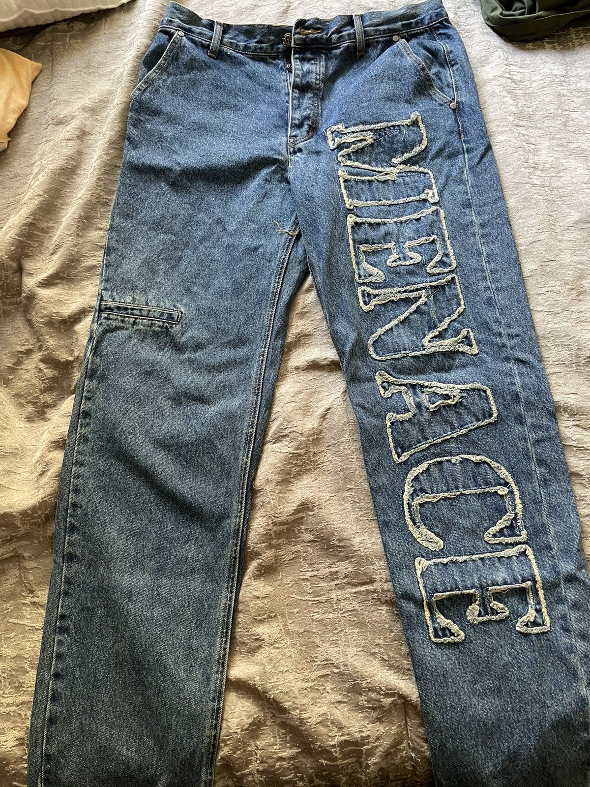 Menace Menace Distressed Stencil Denim | Grailed