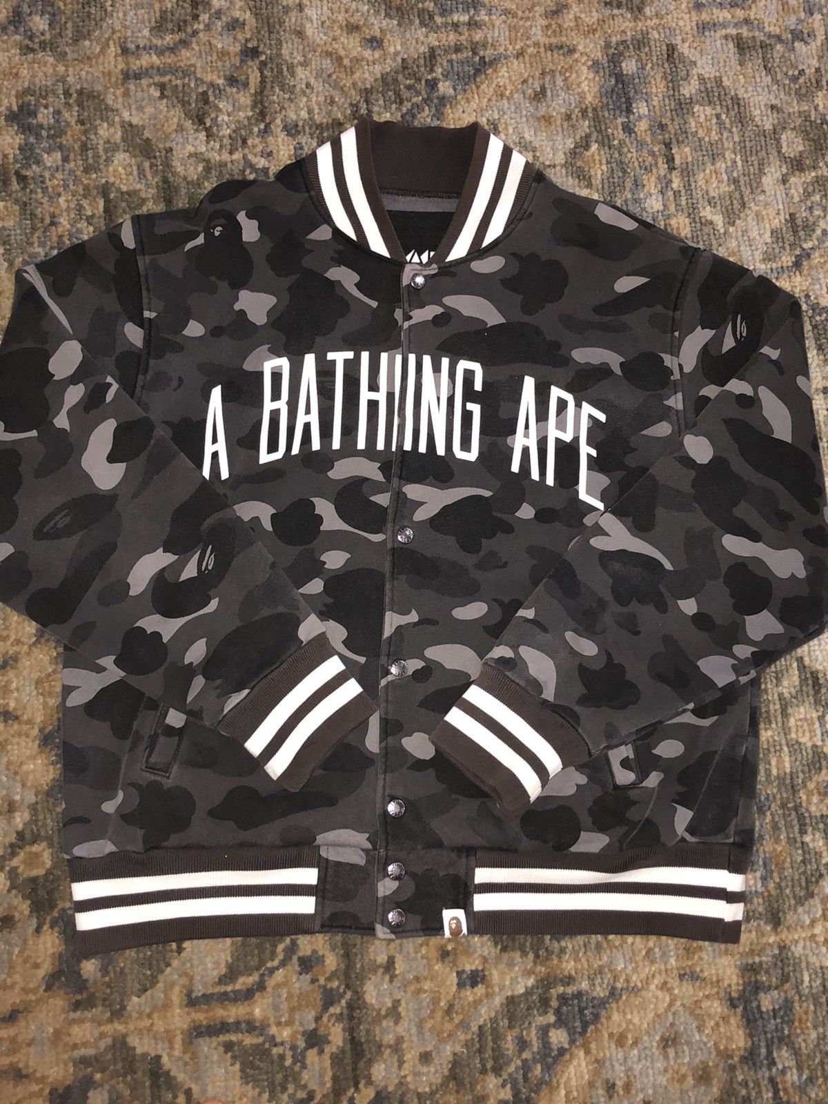 Bape Rare Bape First Camo Varsity Jacket Black | Grailed