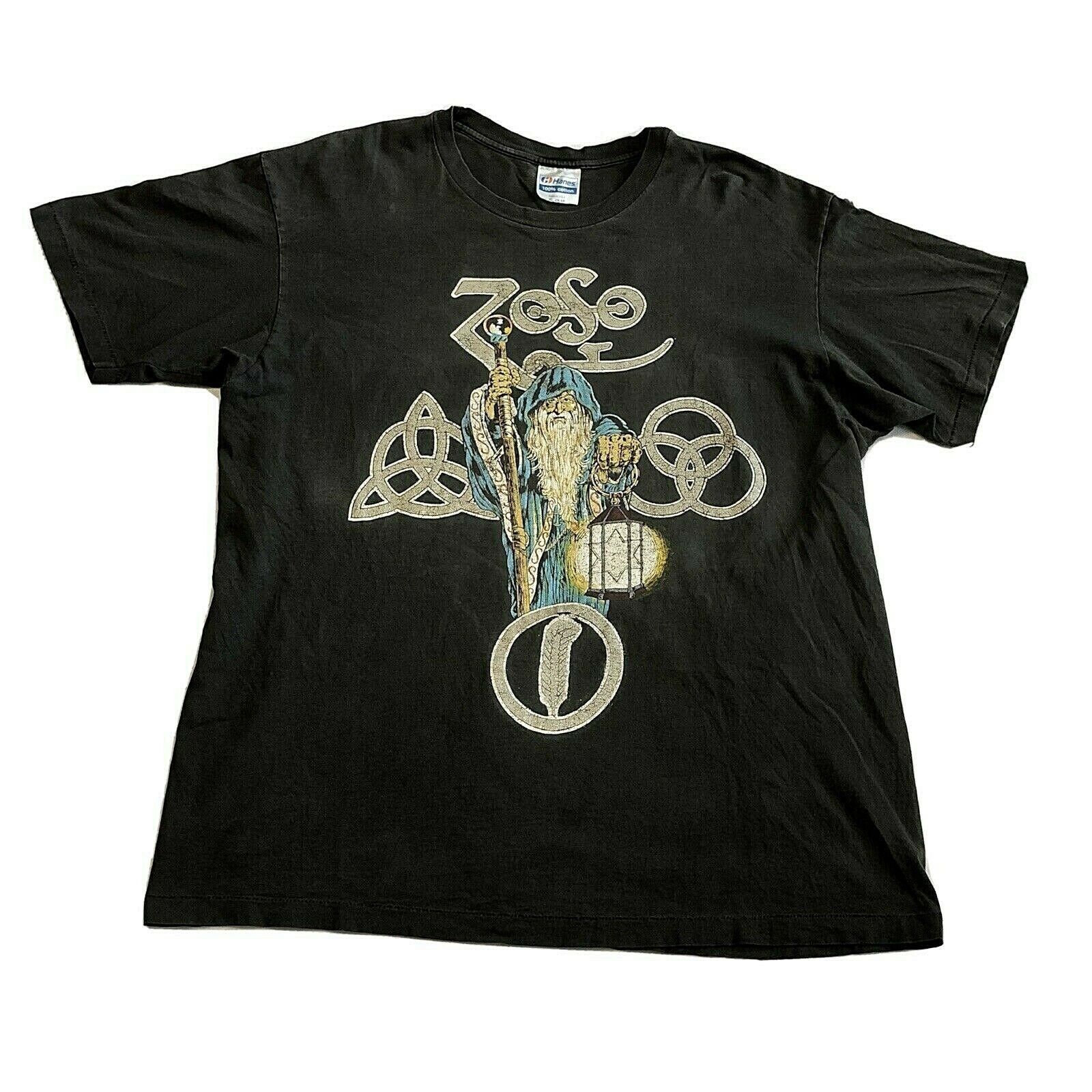Hanes × Vintage Led Zeppelin Zoso Wizard Black T-Shirt | Grailed