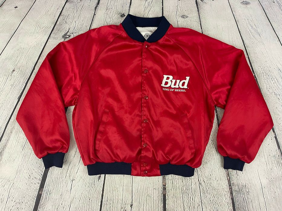 Vintage 80s Bud King of Beers Red Satin Bomber Jacket | Grailed