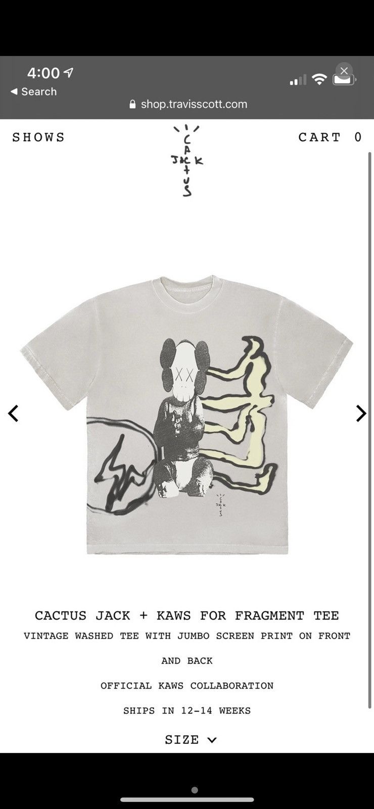 Travis Scott Travis Scott Cactus Jack x Kaws For Fragment Tee | Grailed