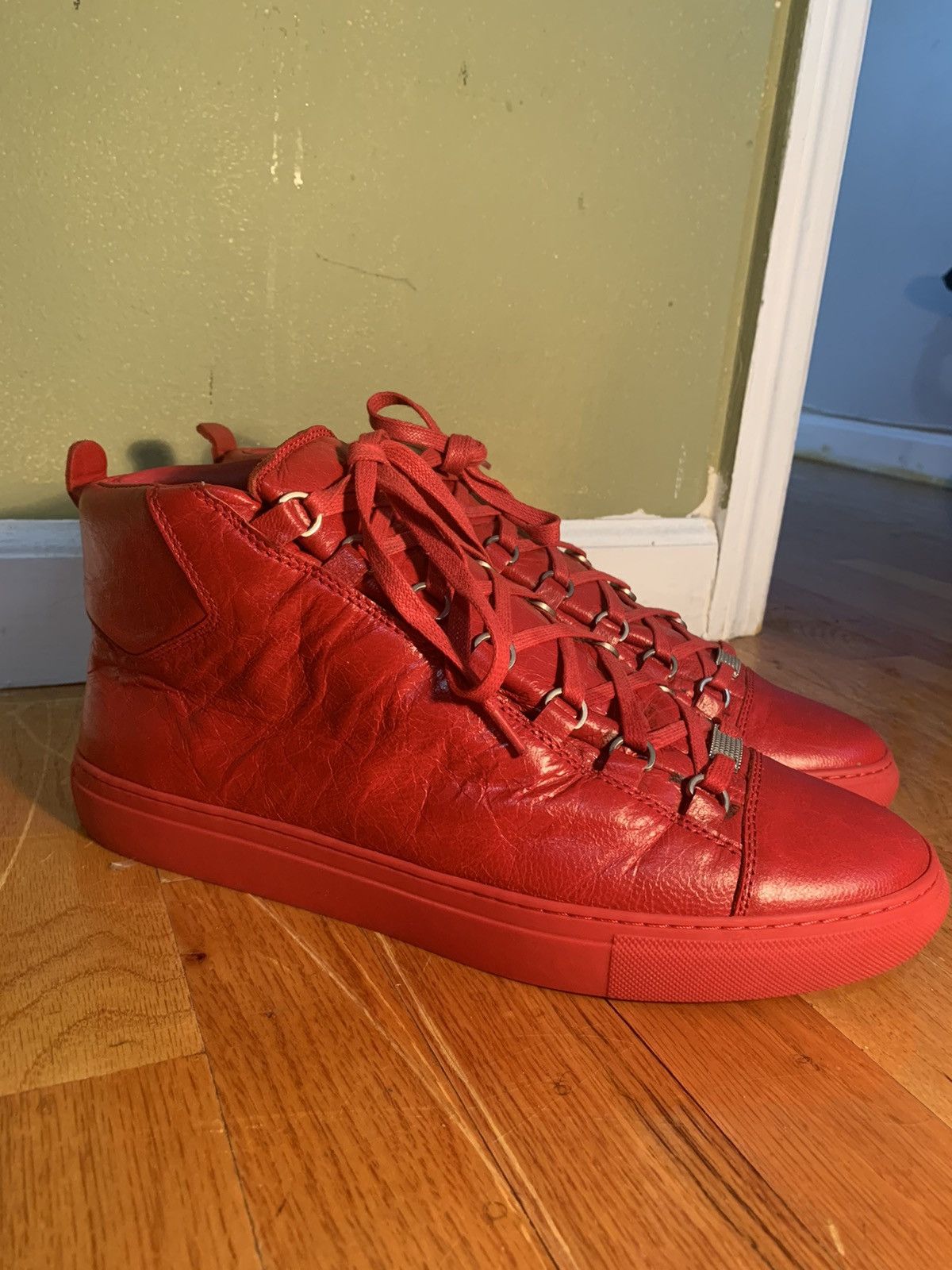 Balenciaga Balenciagas Arena Leather High Red Leather Sneakers | Grailed