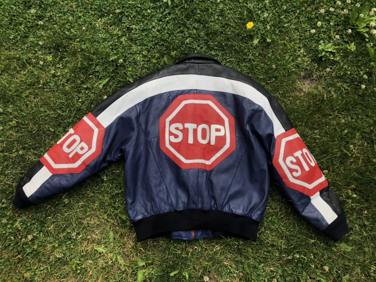 Streetwear × Vintage 80s Stop Sign Leather Jacket (Large) | Grailed