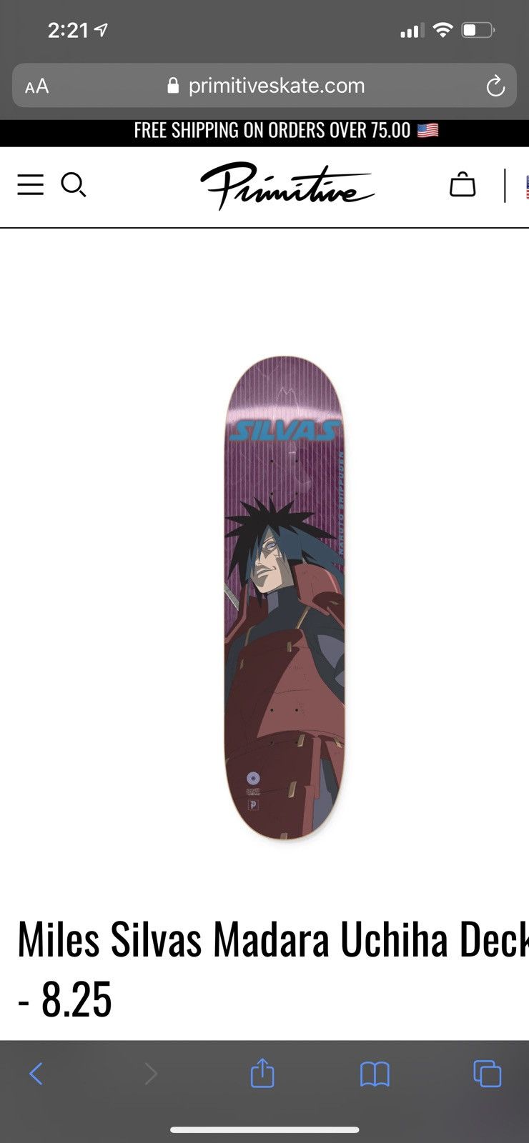 Primitive PRIMITIVE X NARUTO MADARA MILES SILVA SKATEBOARD DECK -8.25 ...