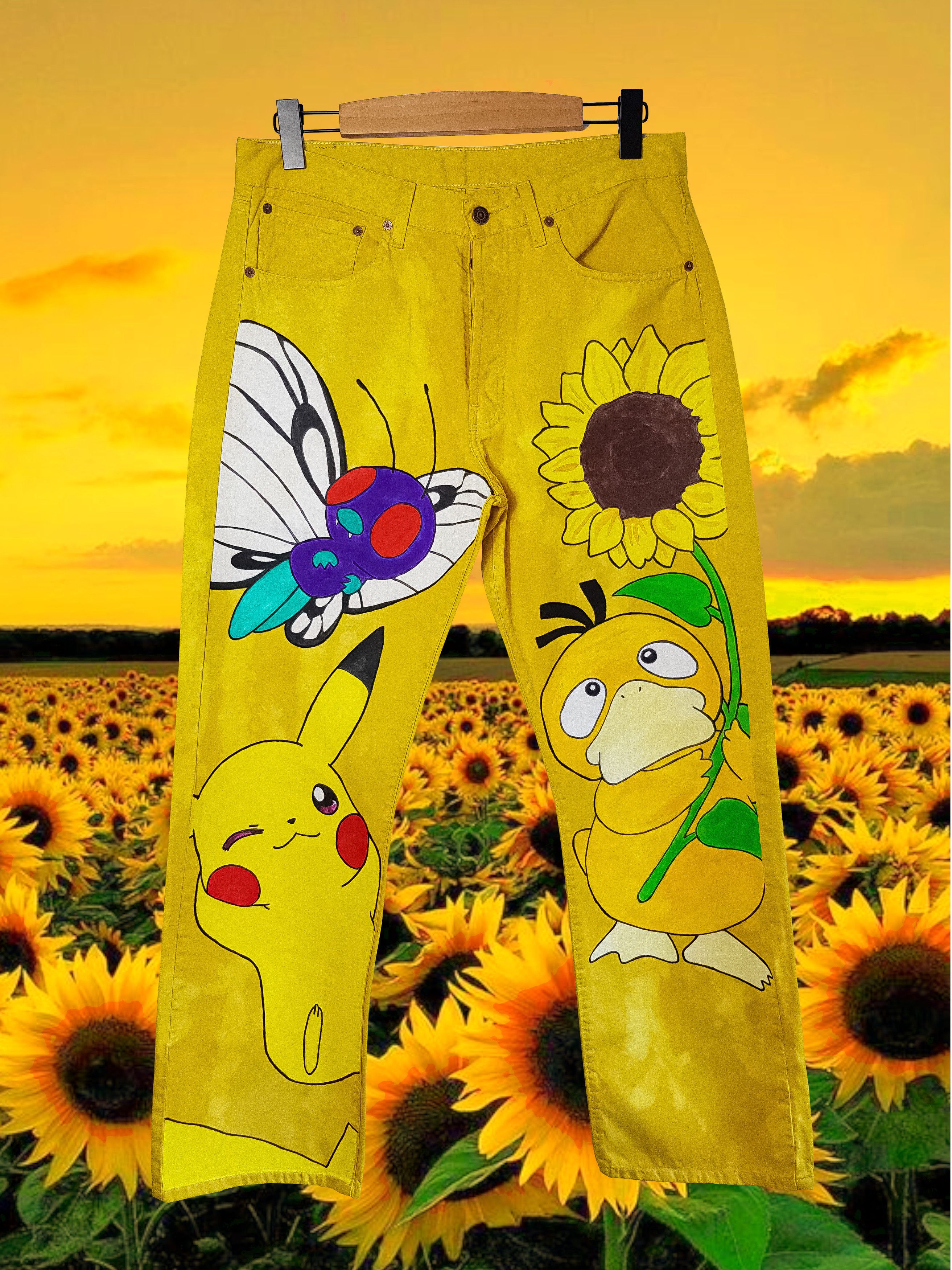 Custom Custom Painted 1 of 1 Levi's Pokemon Pikachu Vintage Jeans | Grailed