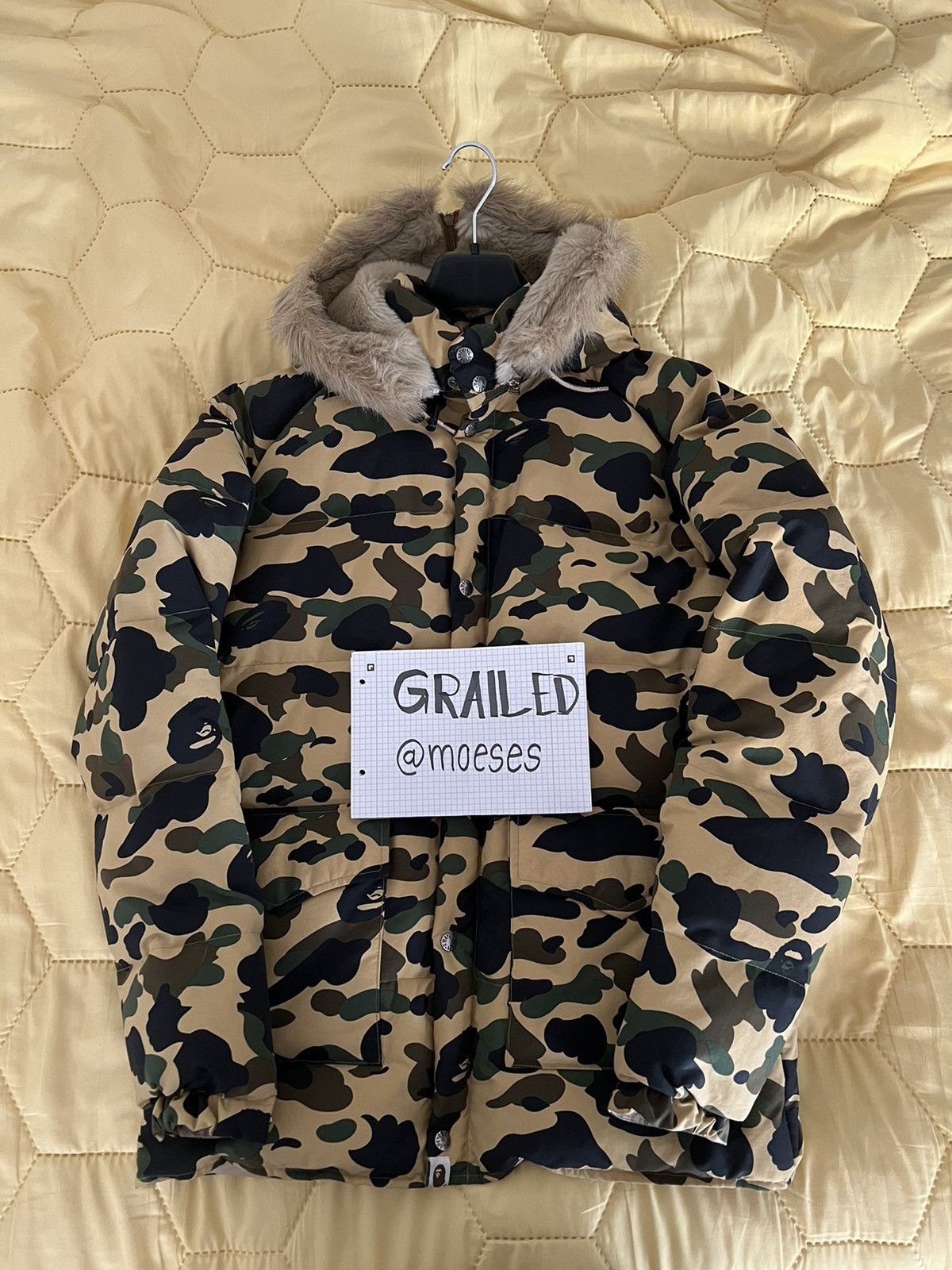 Bape A Bathing Ape 1st yellow camo puffer jacket | Grailed