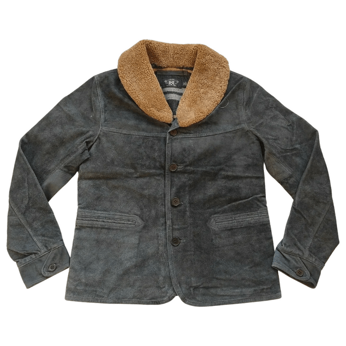 RRL Ralph Lauren Double RL Shearling-Collar Indigo Suede Jacket $2900 ...