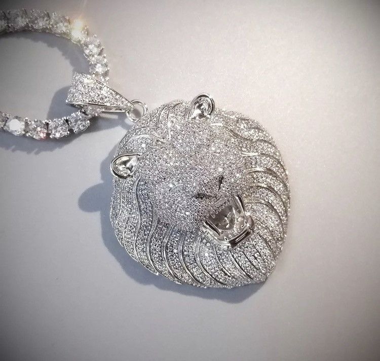Chain × Jewelry Bling Iced Out Lion Head Pendant + Tennis Chain | Grailed