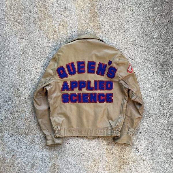 Vintage Vintage Queens University Cream Leather Varsity Biker Jacket ...