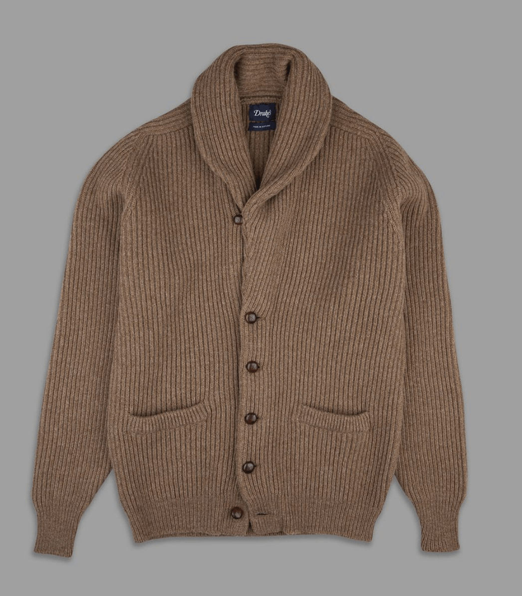Drakes Camel Lambswool Shawl-Collar Cardigan (38) | Grailed