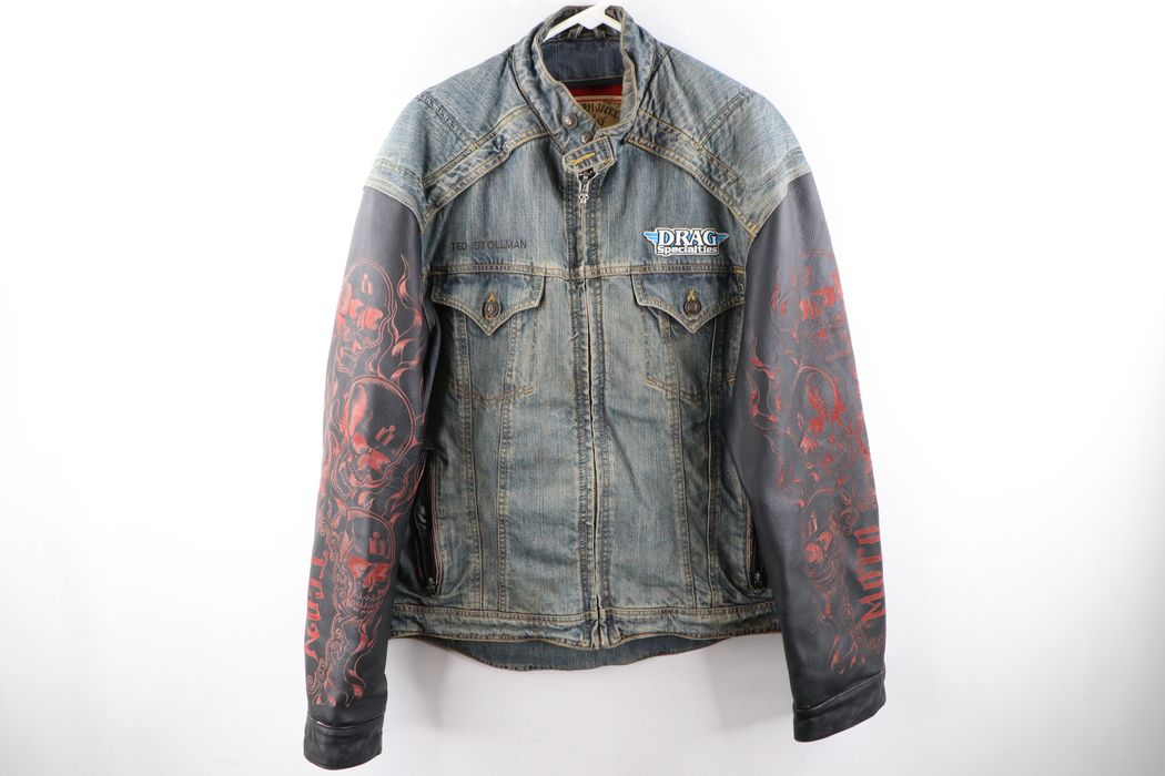 Vintage Icon Denim Leather Skull Flames Motorcycle Jacket | Grailed