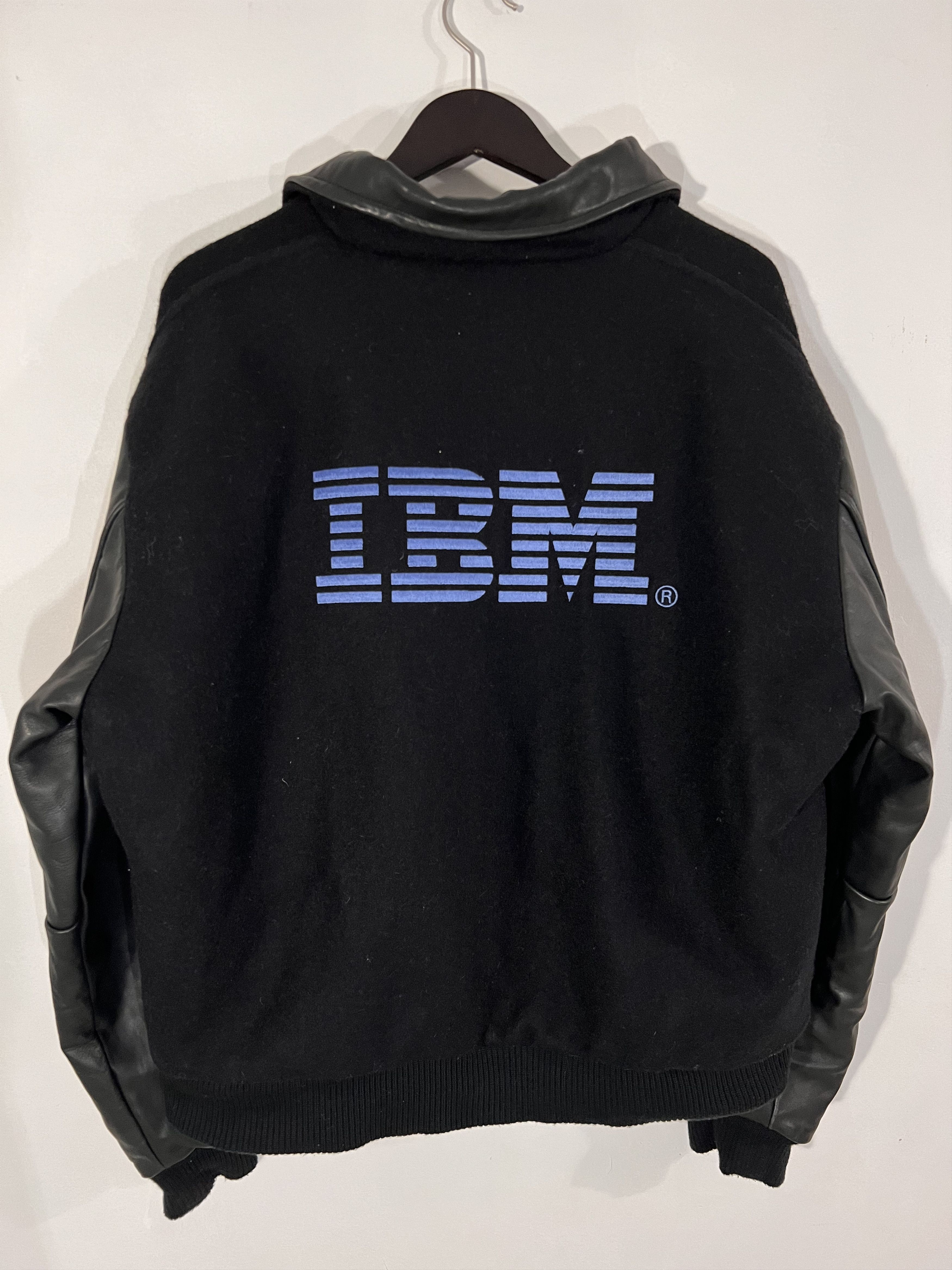 Bomber Jacket × Vintage Vintage IBM Bomber Varsity Jacket Black Leather ...
