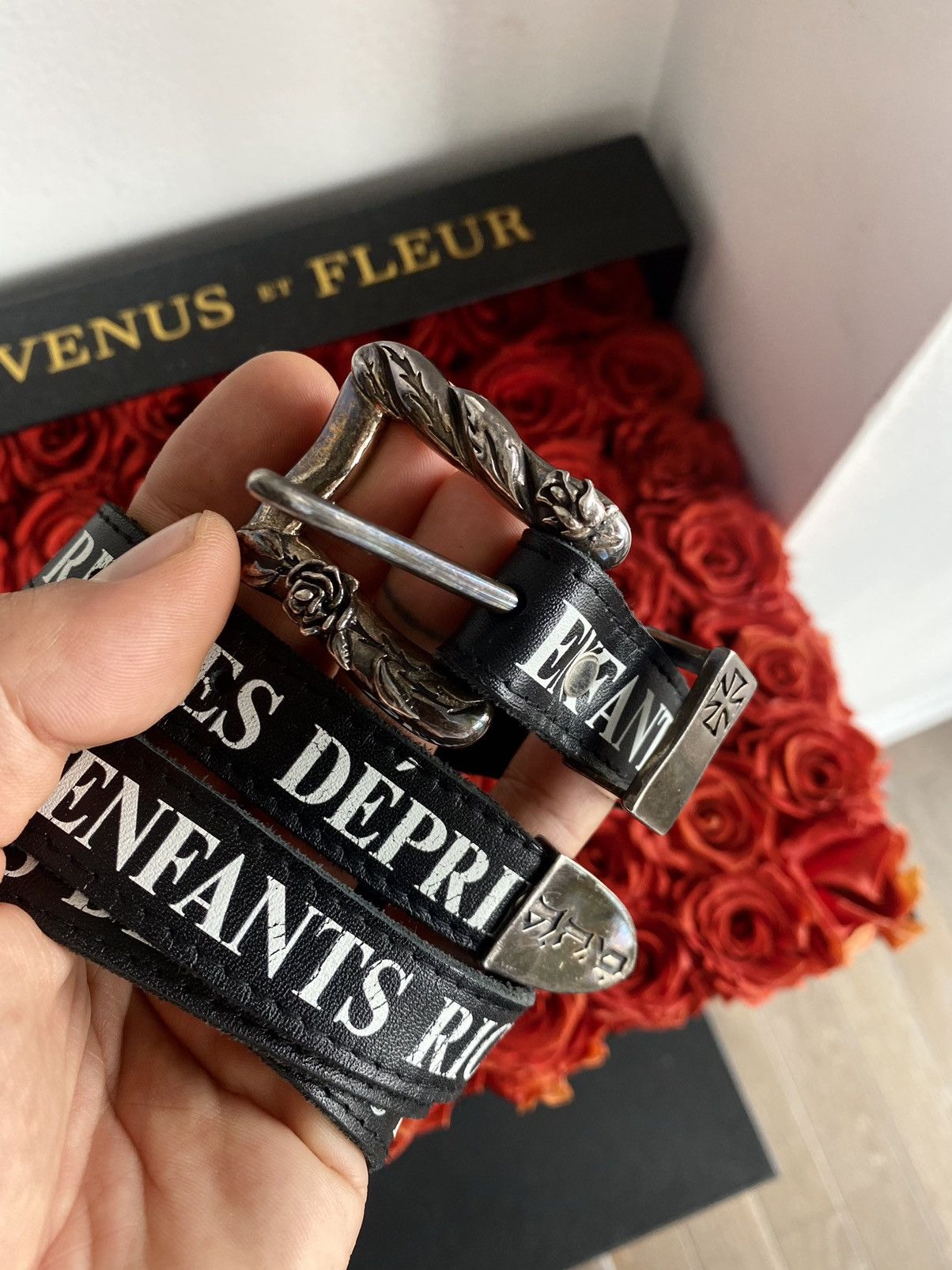 Enfants Riches Deprimes ERD Black Leather Logo Belt W/ Rose Buckle ...