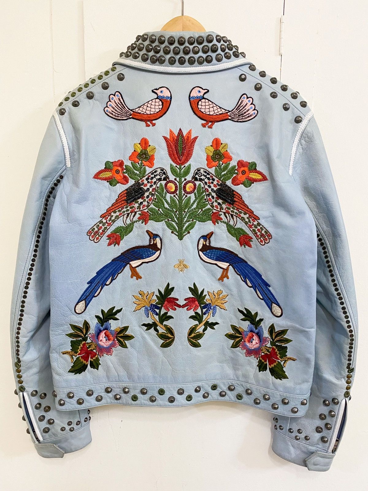 Gucci $8K Sky Blue Embroidered Floral Studded Leather Biker Gucci $8K Sky Blue Embroidered Floral Studded Leather Biker