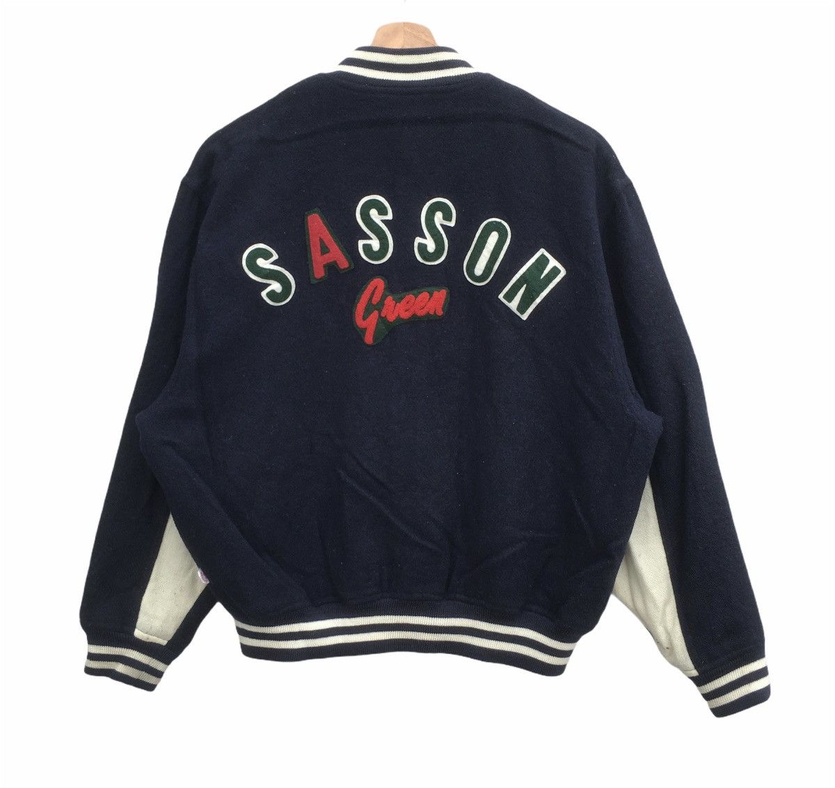 Japanese Brand × Vintage Vtg Sasson Green Wool Varsity Jacket Big Logo ...