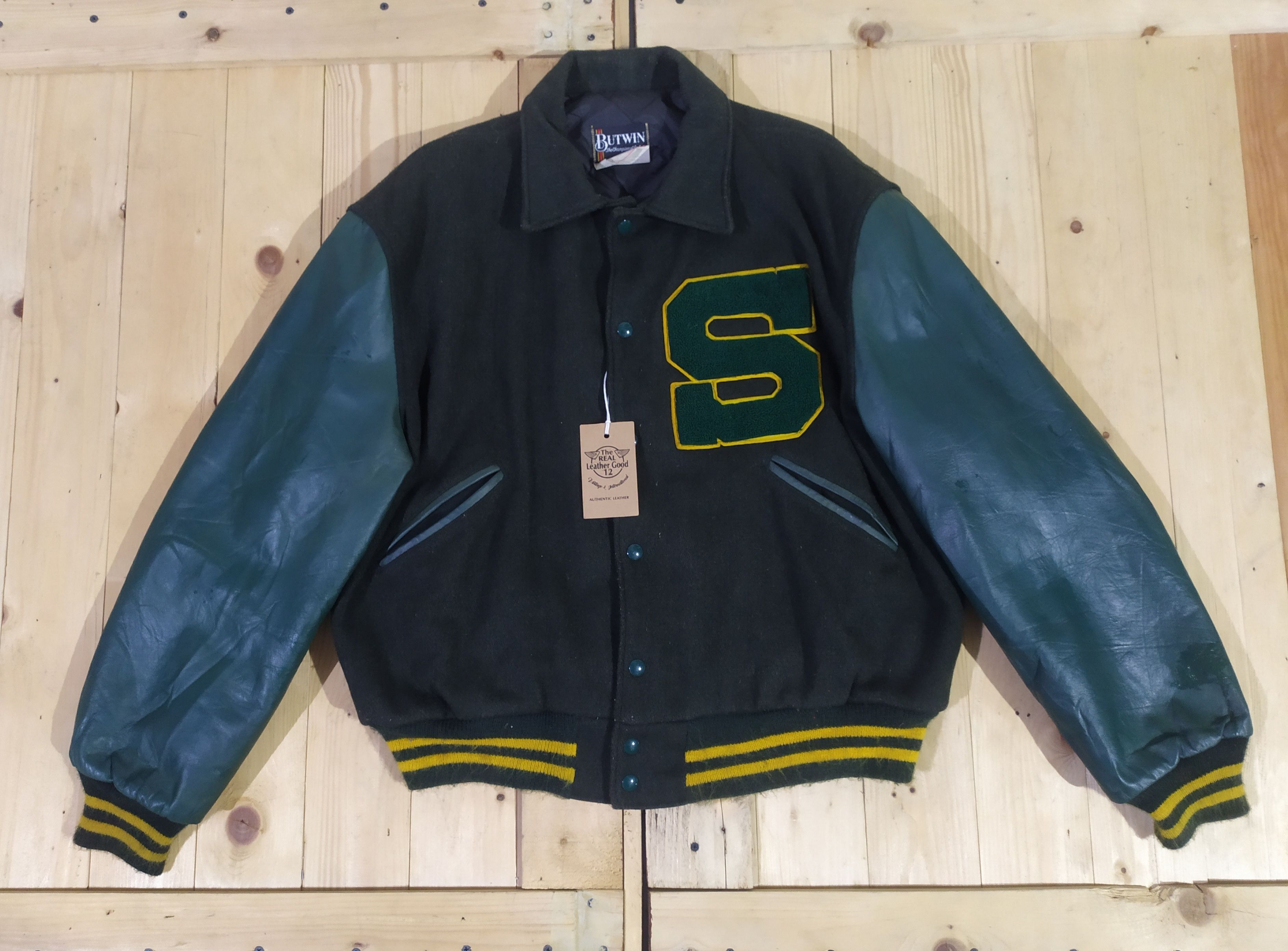 Leather Jacket × Varsity Jacket × Vintage BUTWIN STADIUM BACKDROP ...