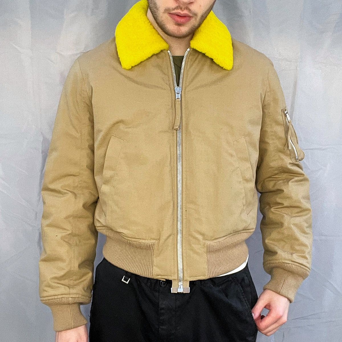 Helmut Lang Helmut Lang Contrast Collar Shearling Flight Bomber Jacket ...