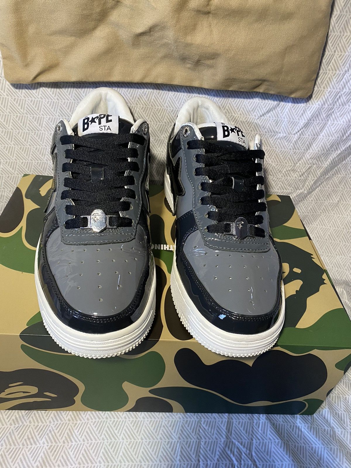 Bape Black and grey patent Leather Bapestas | Grailed