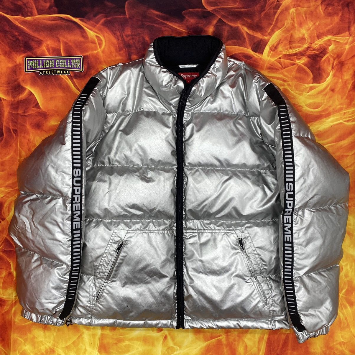 Supreme Reflective Sleeve Logo Puffy Jacket | Grailed