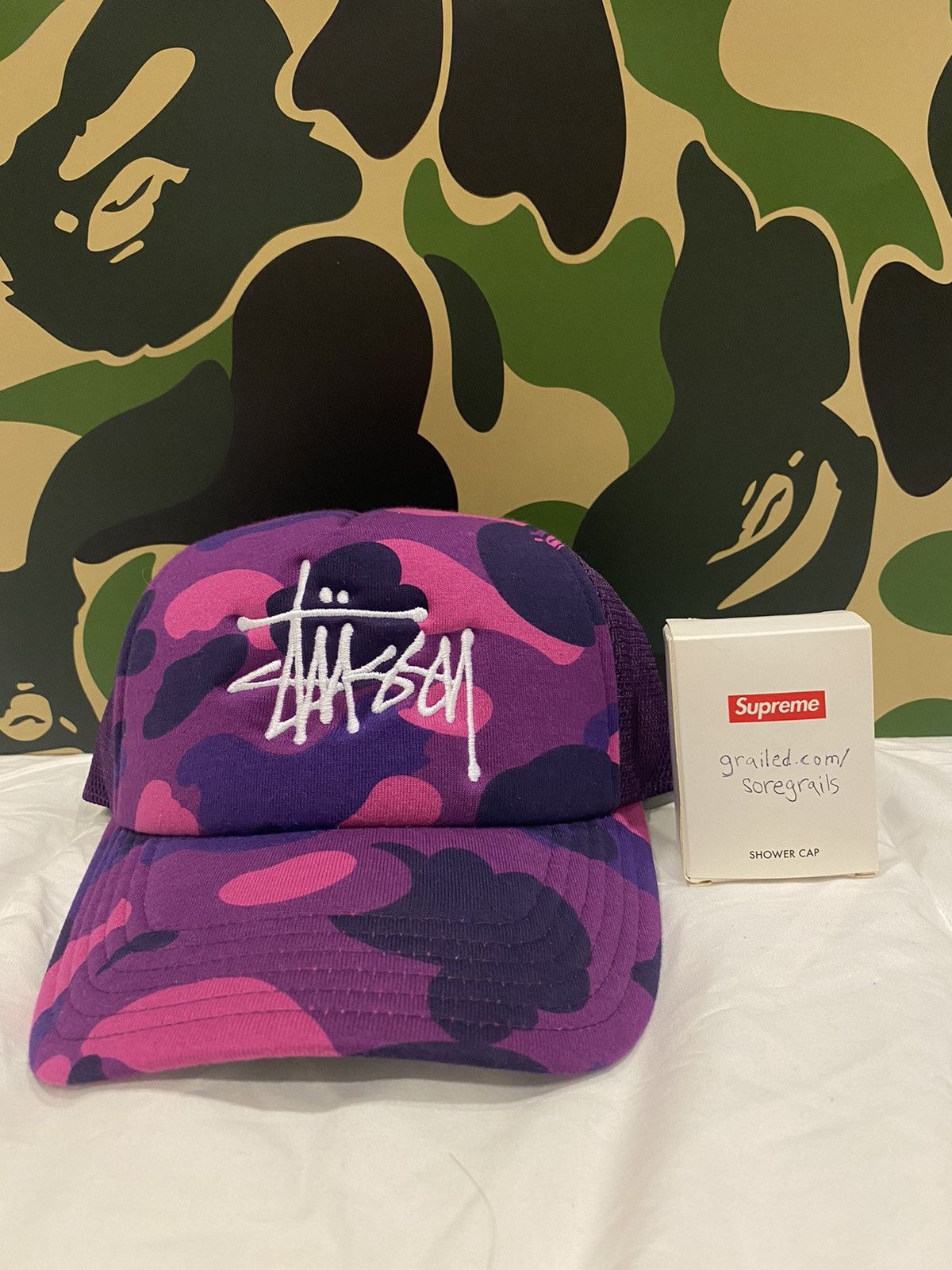 Bape Stussy x Bape Trucker Hat Cap Purple | Grailed