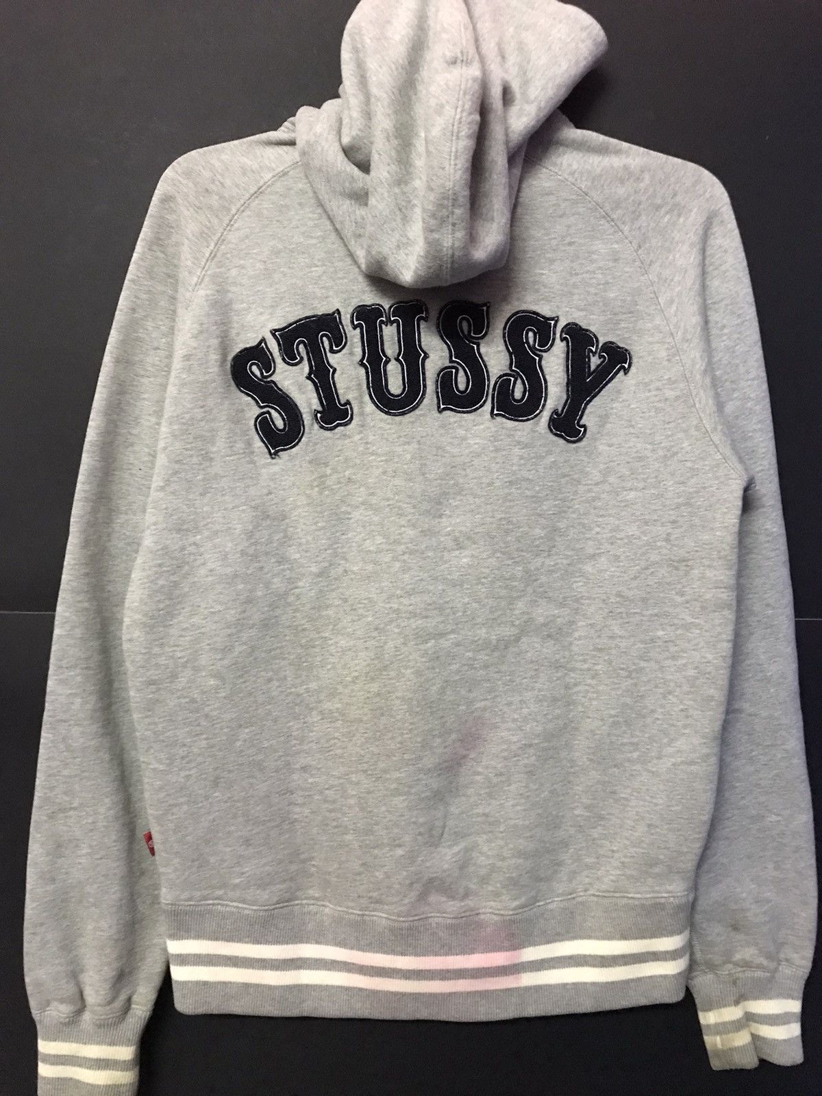 Stussy Distressed Stain Stussy Big Logo Embroidery Varsity Hoodie | Grailed