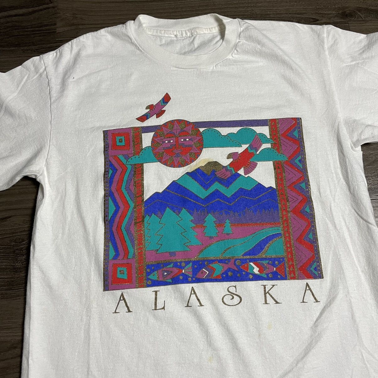 Art × Vintage 1988 Alaska Art Eagle Fish Mountian Forest USA Single 80s ...