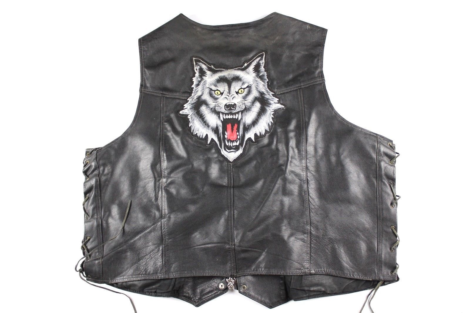 Vintage Vtg 90s PHASE 2 Size 60 Big Wolf Patch Leather Motorcycle Vest ...
