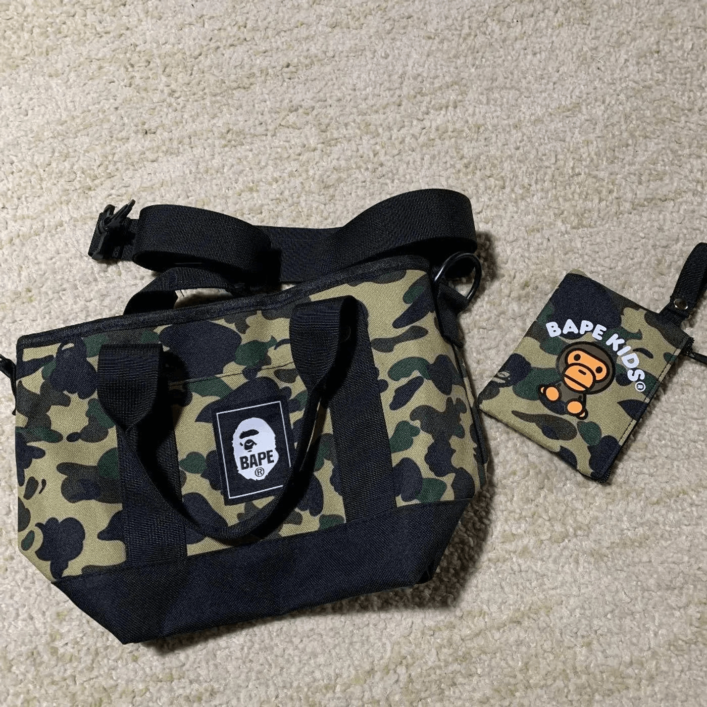 Bape 🔥 BAPE CAMO LOGO TOTE BAG + BABY MILO MINI WALLET SET | Grailed