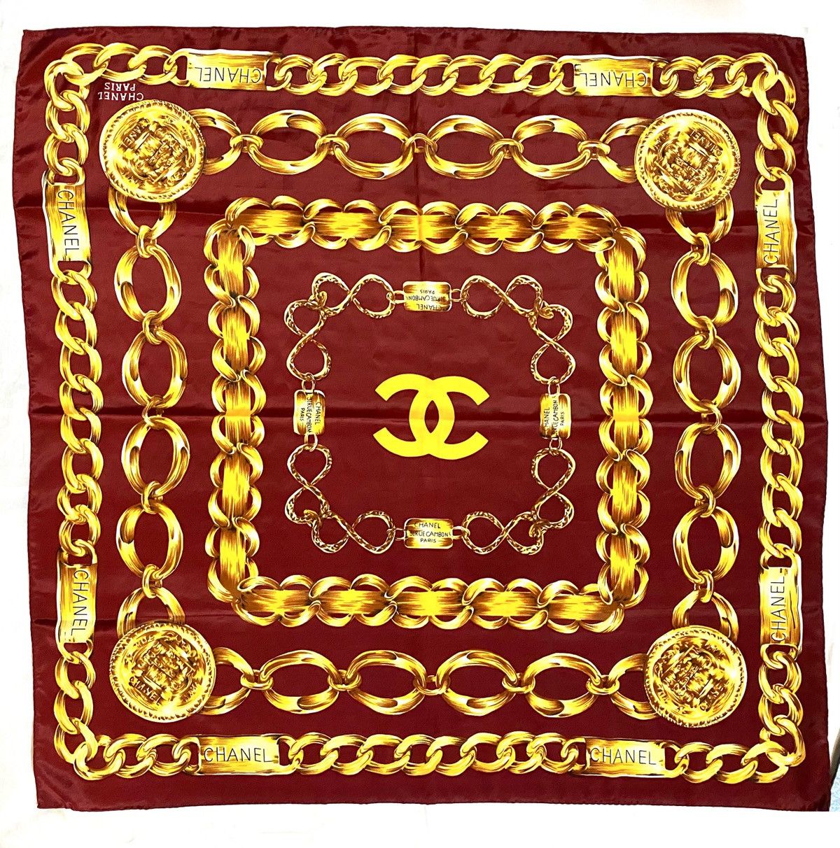 Chanel × Vintage Chanel burgundy gold chains print silk logo scarf ...