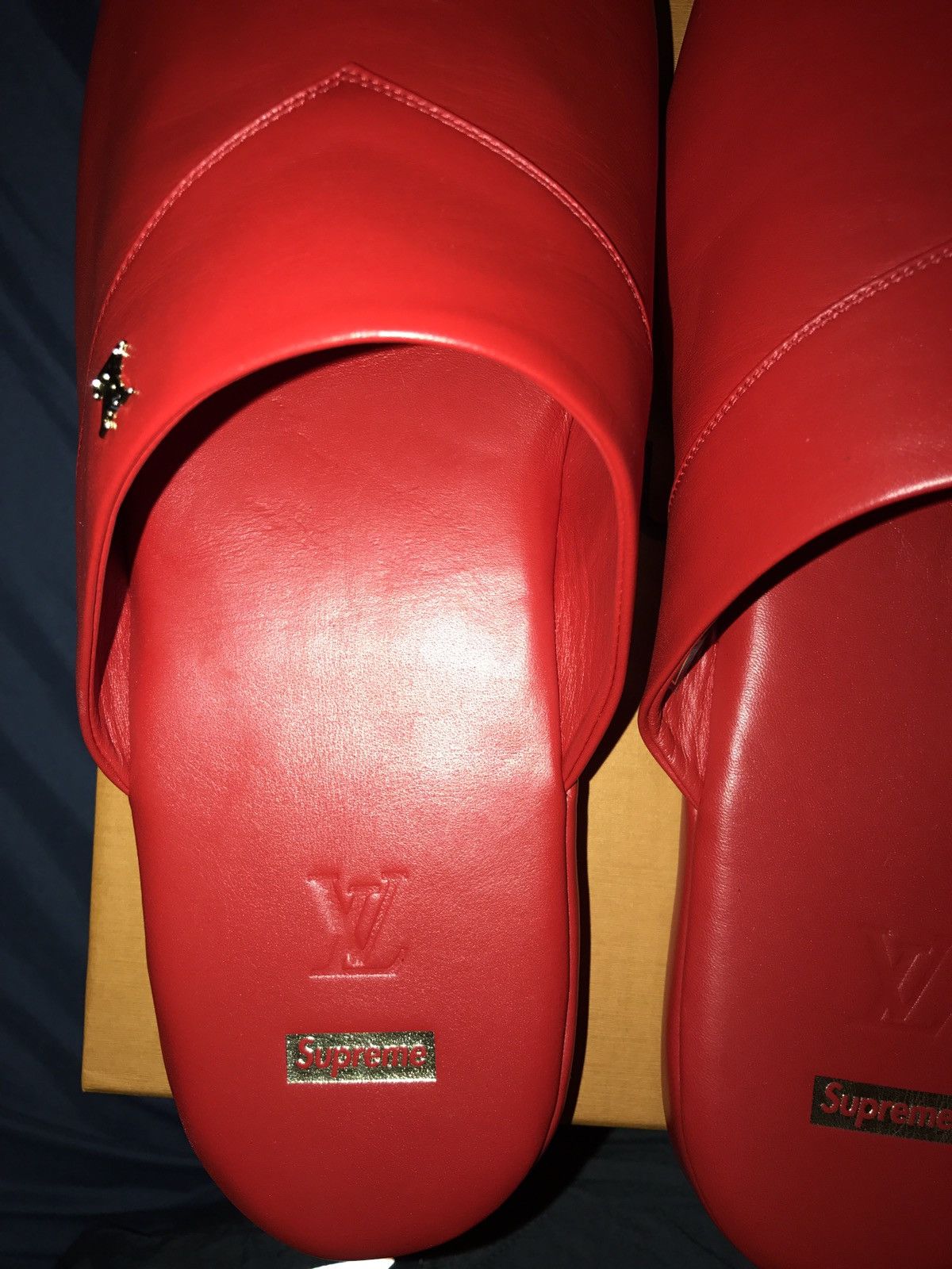 Supreme Louis Vuitton x Supreme Hugh Slippers Red Leather Sz 9 | Grailed