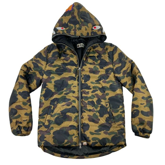 Vintage BAPE A Bathing Ape Boys Shark Hood Green Camo Puffer Jacket ...