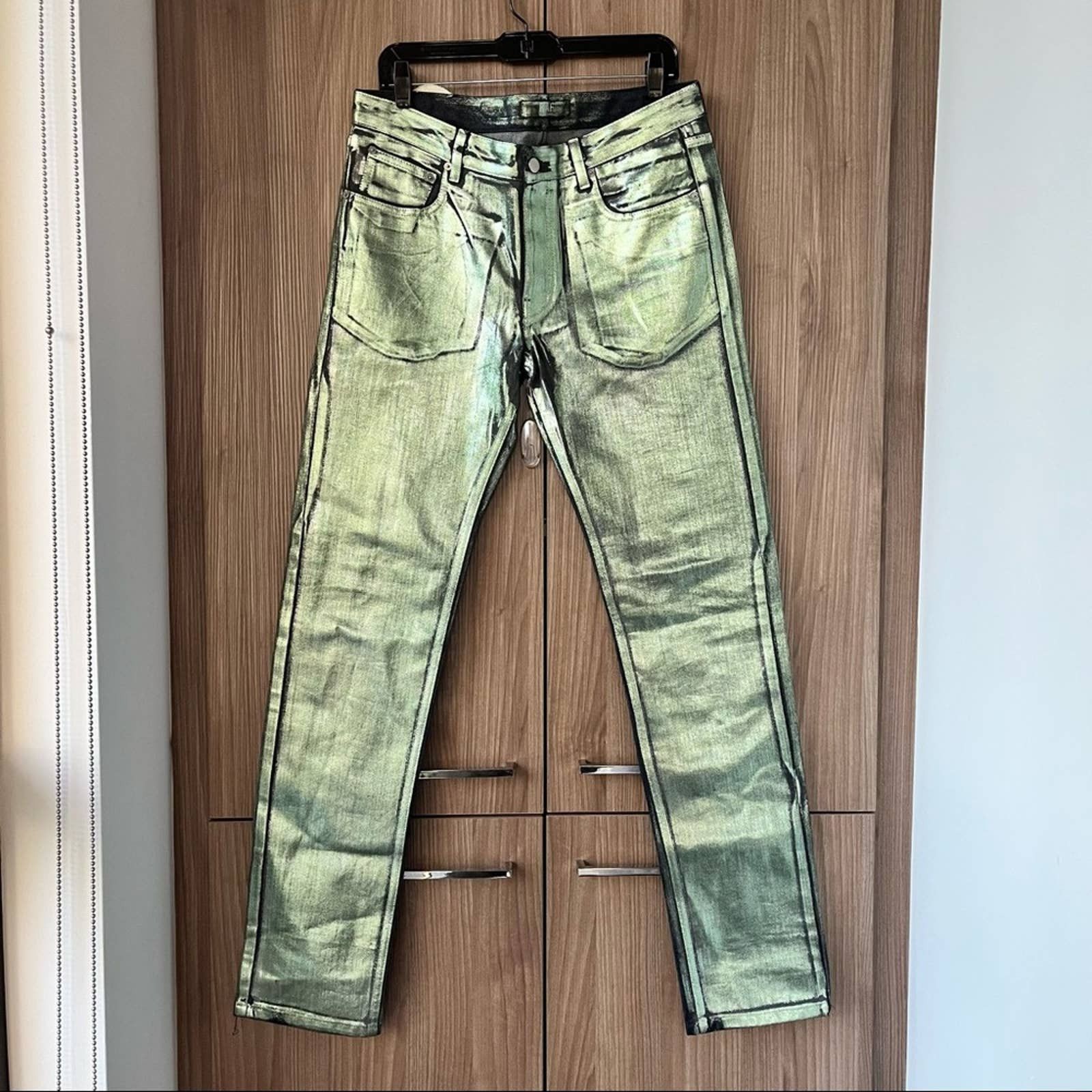 Raf Simons RAF by Raf Simons Green Metallic Coated Jeans | Grailed