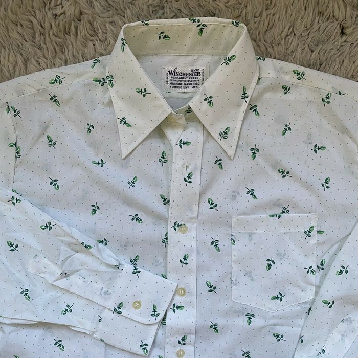 Vintage 70s Large White Green Floral Pattern Shirt | Grailed