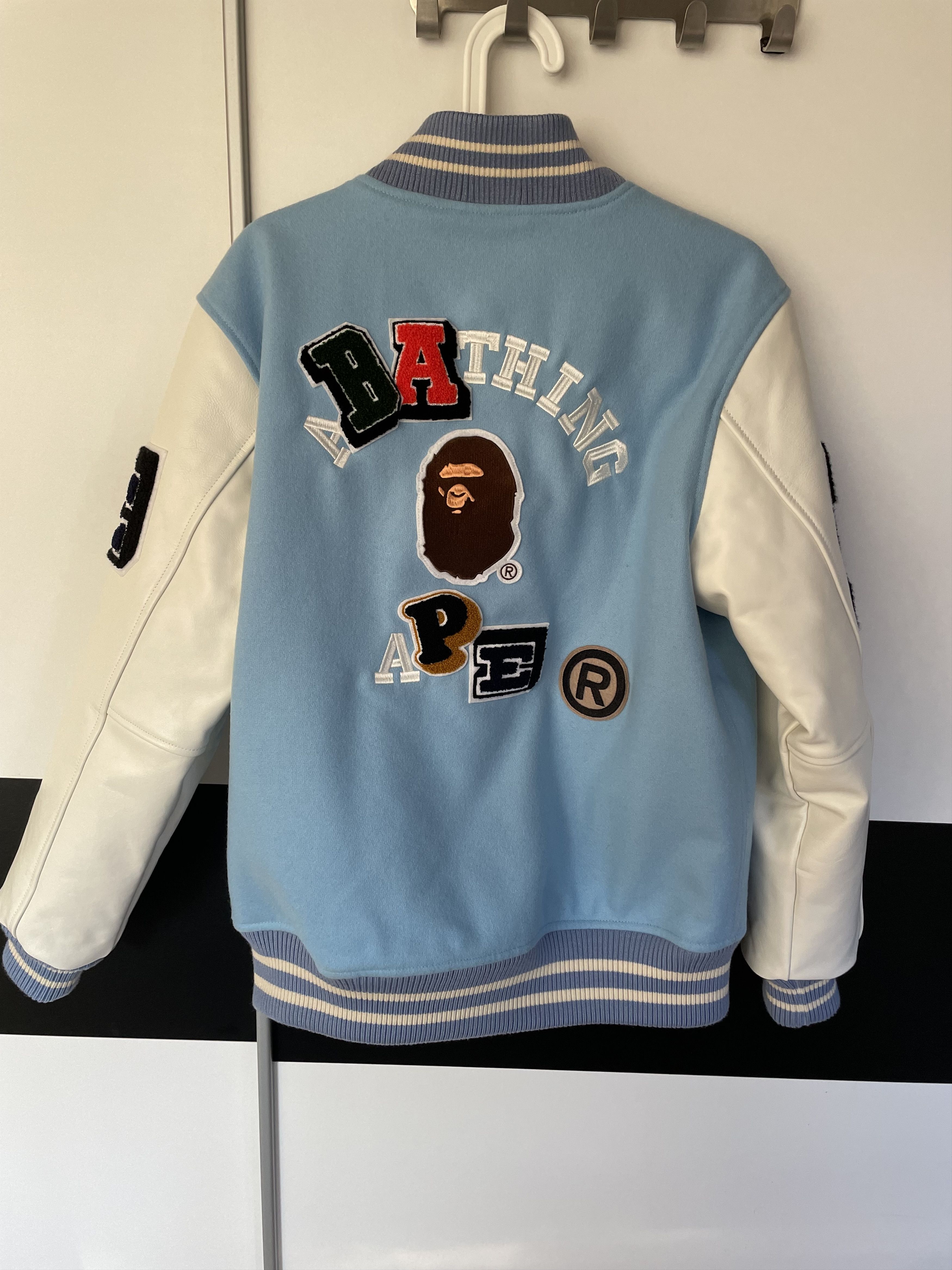 Bape Bape crazy patch varsity jacket sax | Grailed