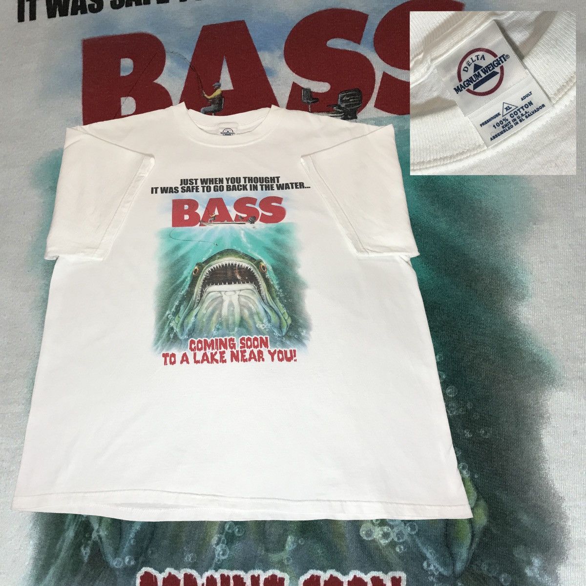 Delta × Movie × Vintage Vintage Jaws "Bass" parody t shirt | Grailed
