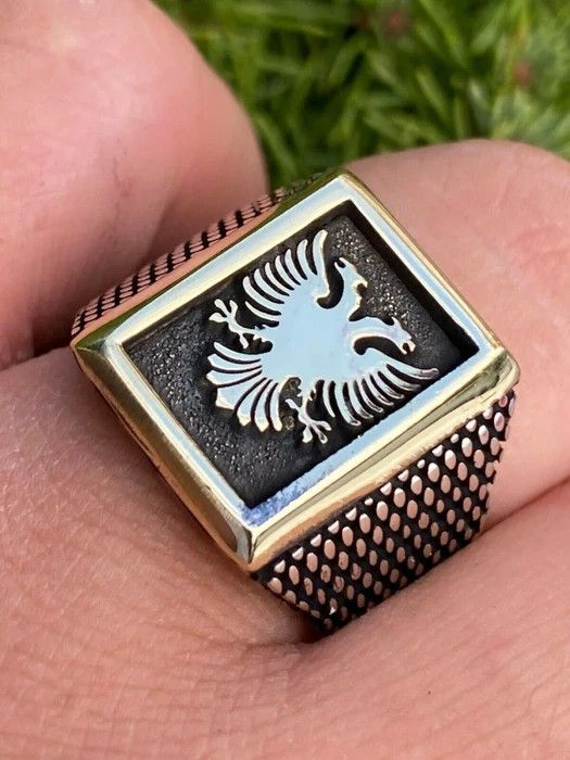 Designer 14k Gold Sterling Silver Albanian Double Headed Eagle Ring ...