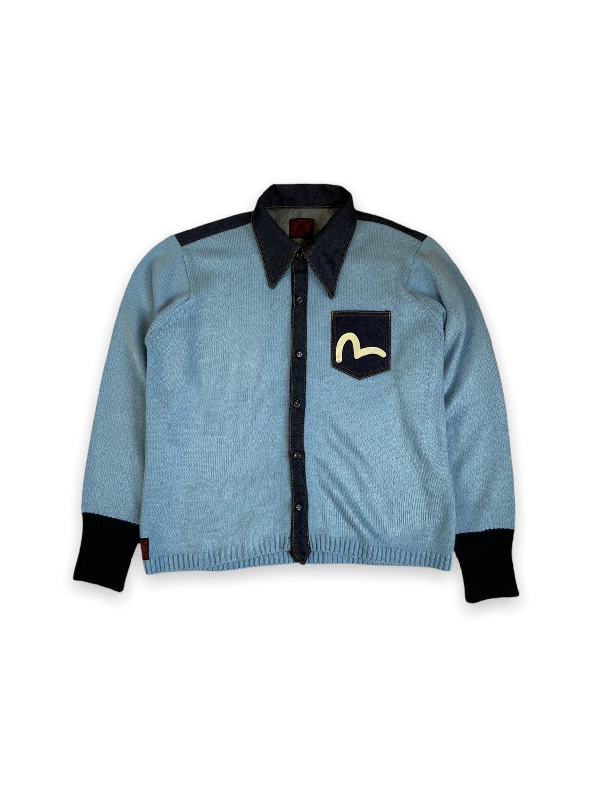 Evisu × Vintage VINTAGE EVISU WOOL / DENIM KNIT CARDIGAN WITH POCKETS ...