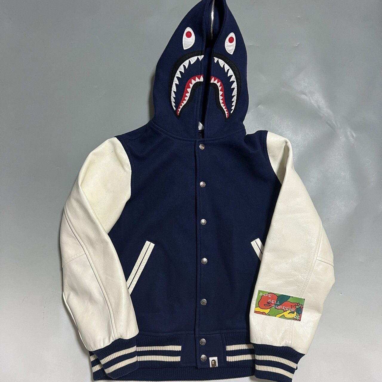 Bape BAPE shark versity jacket Navy/white | Grailed