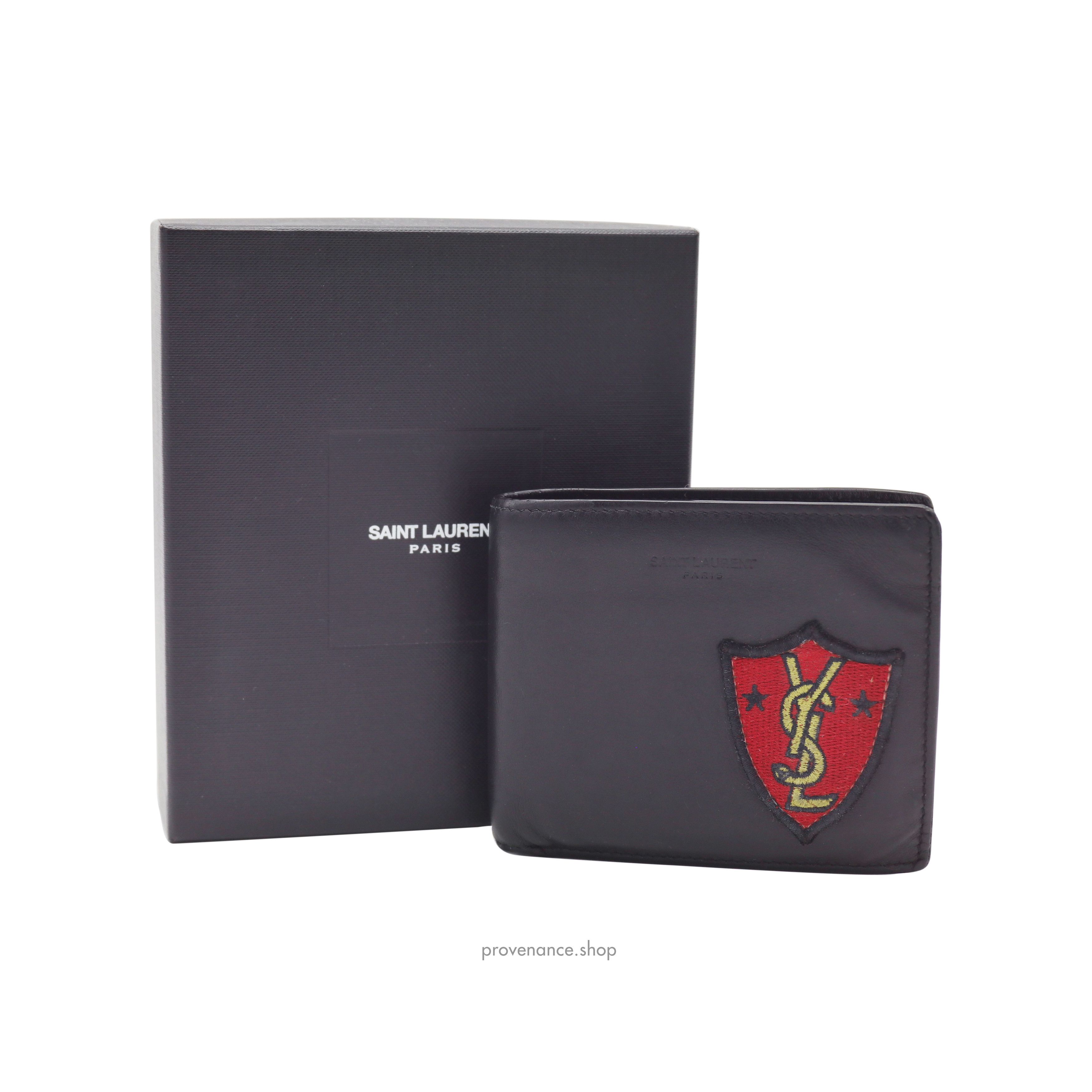 Saint Laurent Paris 🔴 SLP Leather Bifold Wallet - Monogram Crest Patch ...