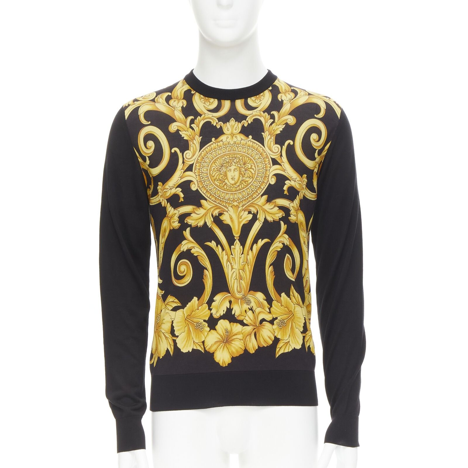 Versace new VERSACE black gold Barocco Hibiscus Medusa 100% silk knit ...