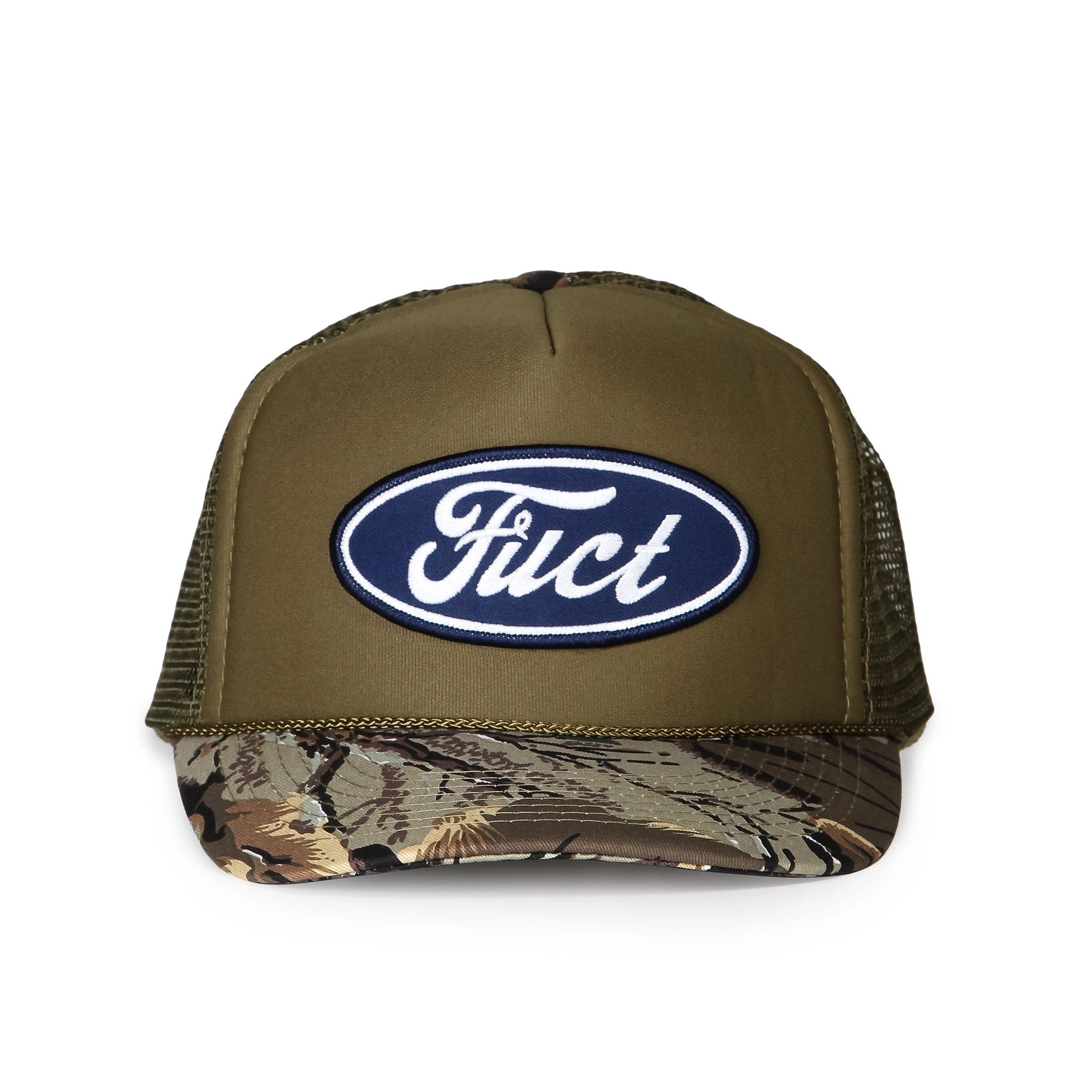 Fuct FUCT FORD OVAL PARODY TRUCKER HAT OLIVE CAMO | Grailed
