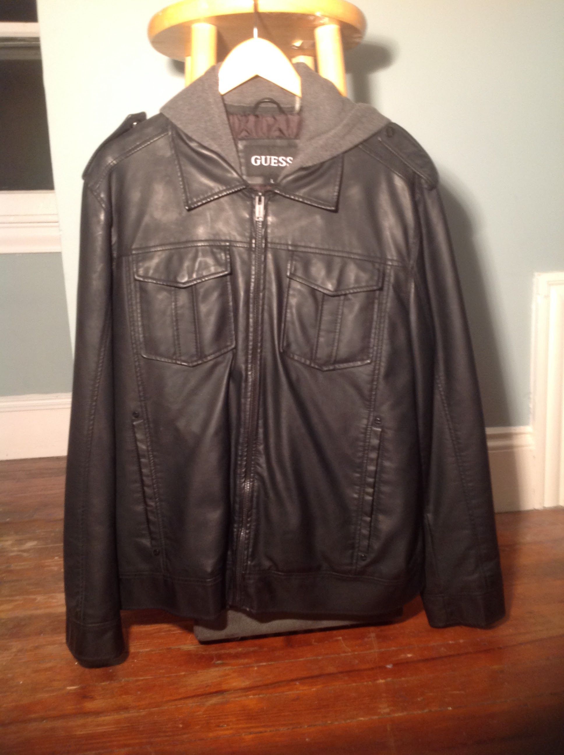 Guess Black Leather Jacket With Zipper-Removable Gray Hood | Grailed
