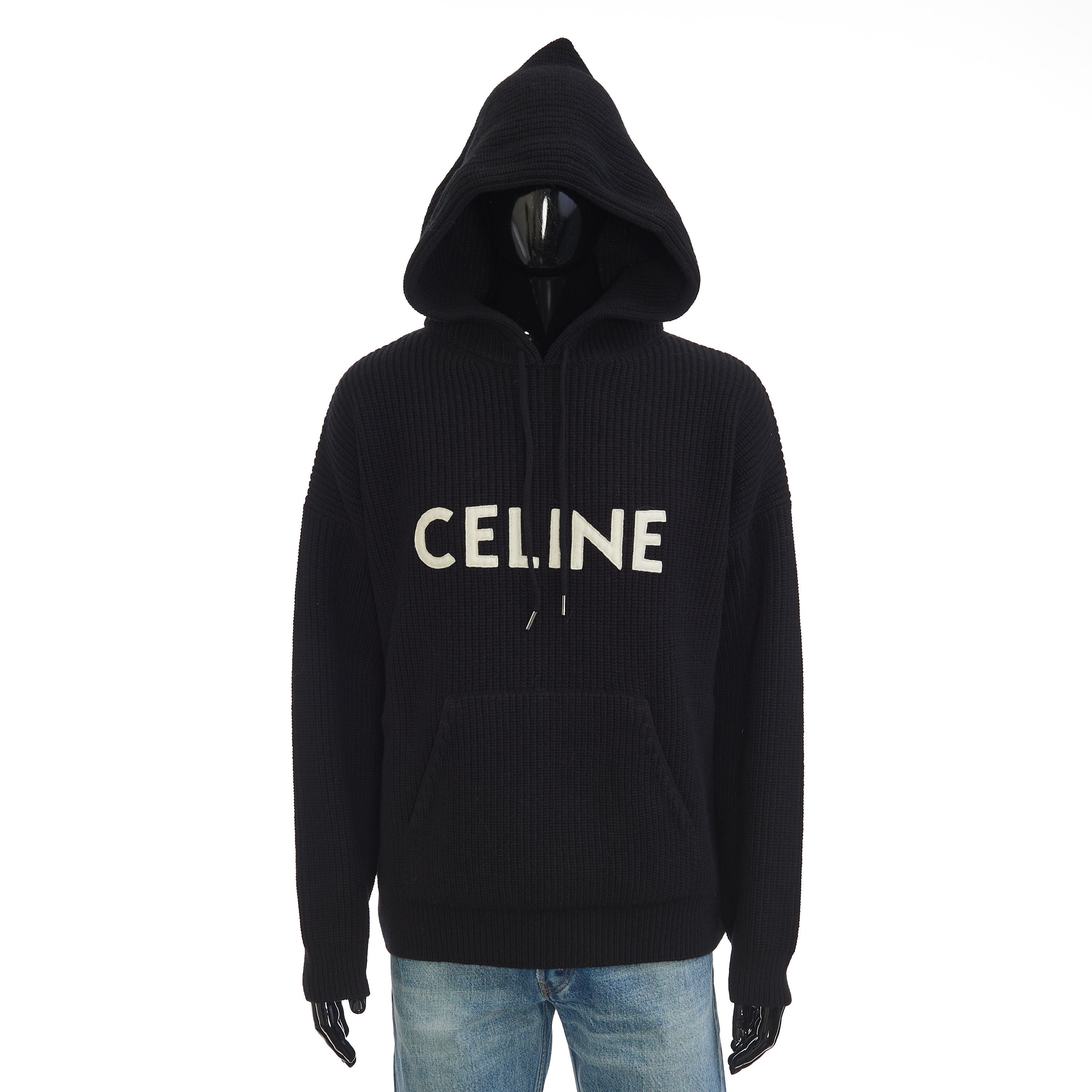 Celine Hooded Sweater With Celine Embroidery In Black Ribbed Wool | Grailed