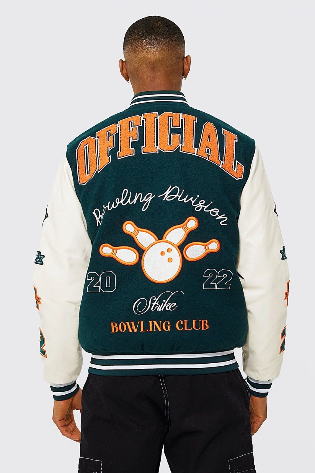 Boohoo Oversized bowling club letterman varsity bomber jacket patch ...