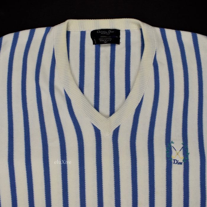 Dior Dior White & Blue Vertical Stripe Golf Logo Sweater | Grailed
